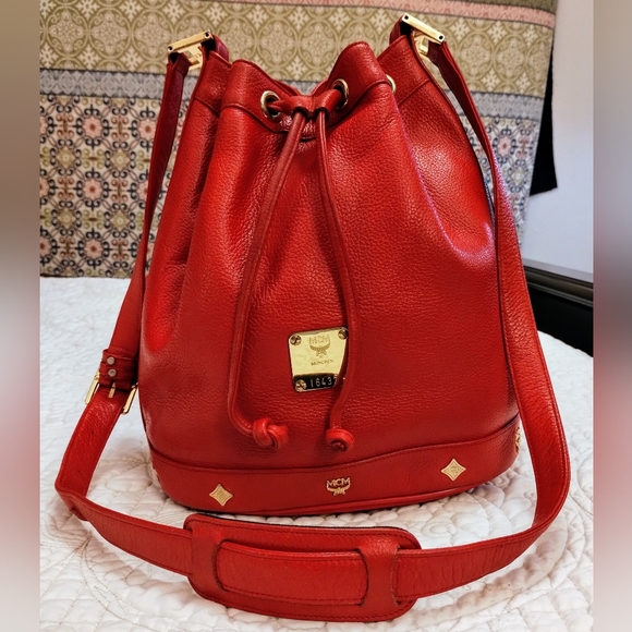 MCM | Bags | Mcm Vintage Red Leather Bucket Shoulder Bag Euc | Poshmark